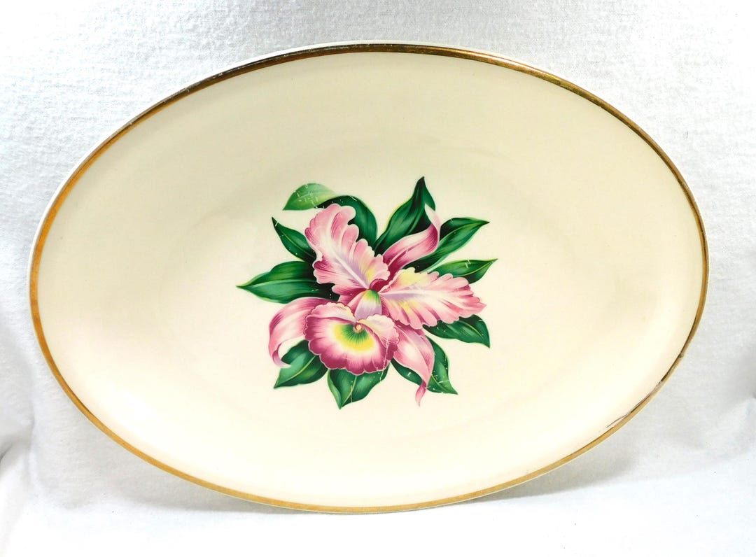 MCM Paden City Ceramic Orchid Platter Pinks Green Gold Trim 11.5 Long ...