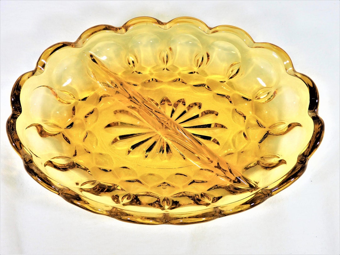 Mid Century Relish Dish Oval Divided Amber Glass Scalloped Top Edge 7 ...