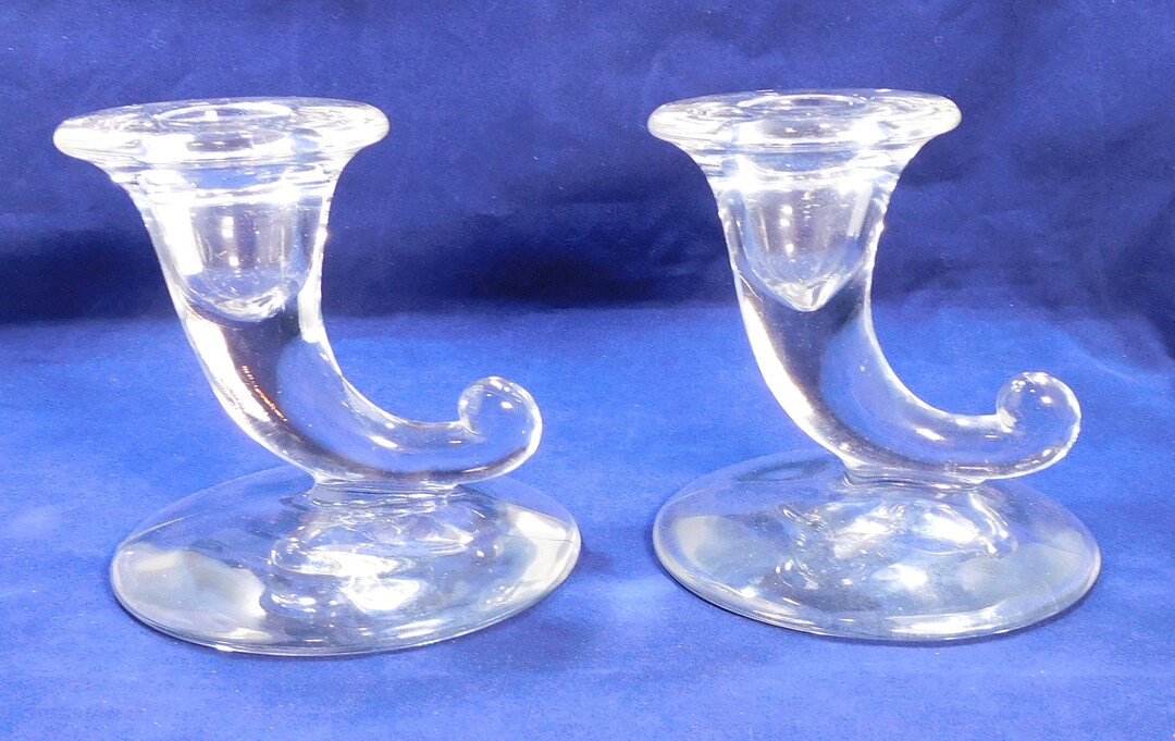 Vintage Duncan Miller Clear Glass Cornucopia Candle Holders - Pair ...