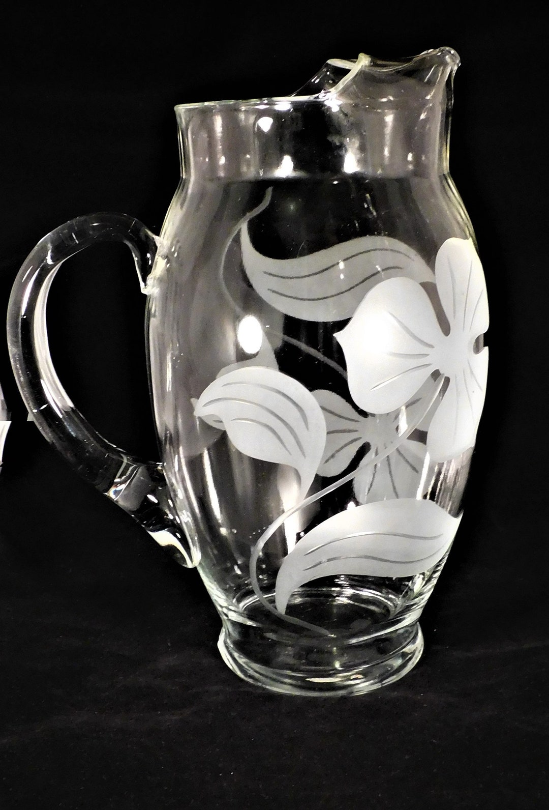 Vintage Beverage Pitcher Large Molded Clear Etched & Frosted Glass 3 ...