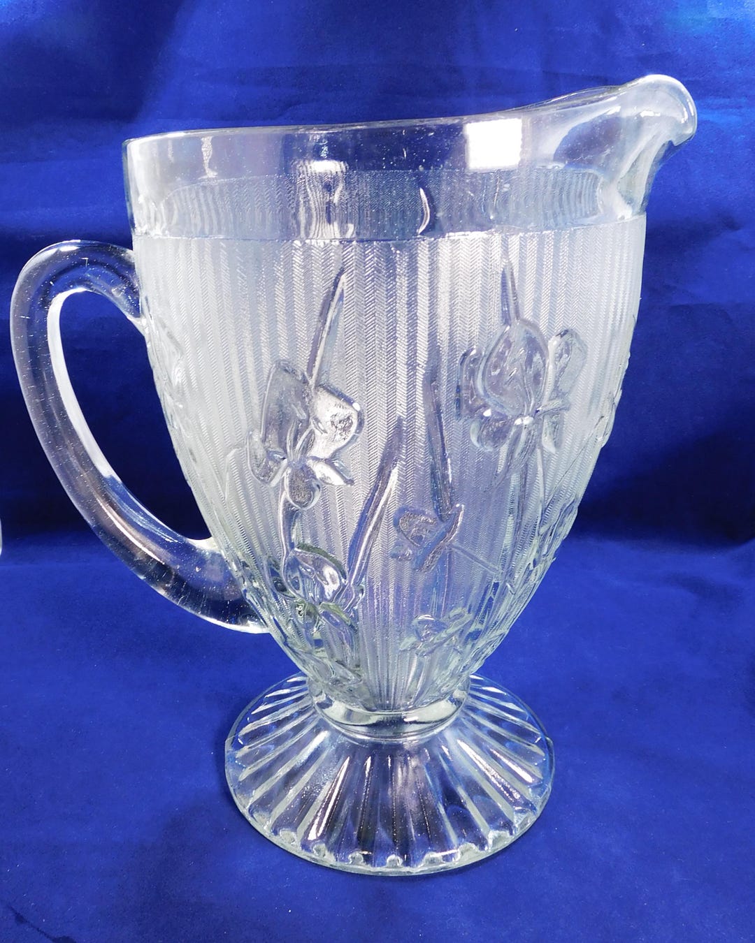 Vintage Jeannette Glass Beverage Pitcher Clear Depression Iris & Herringbone Pattern 9"tall ...