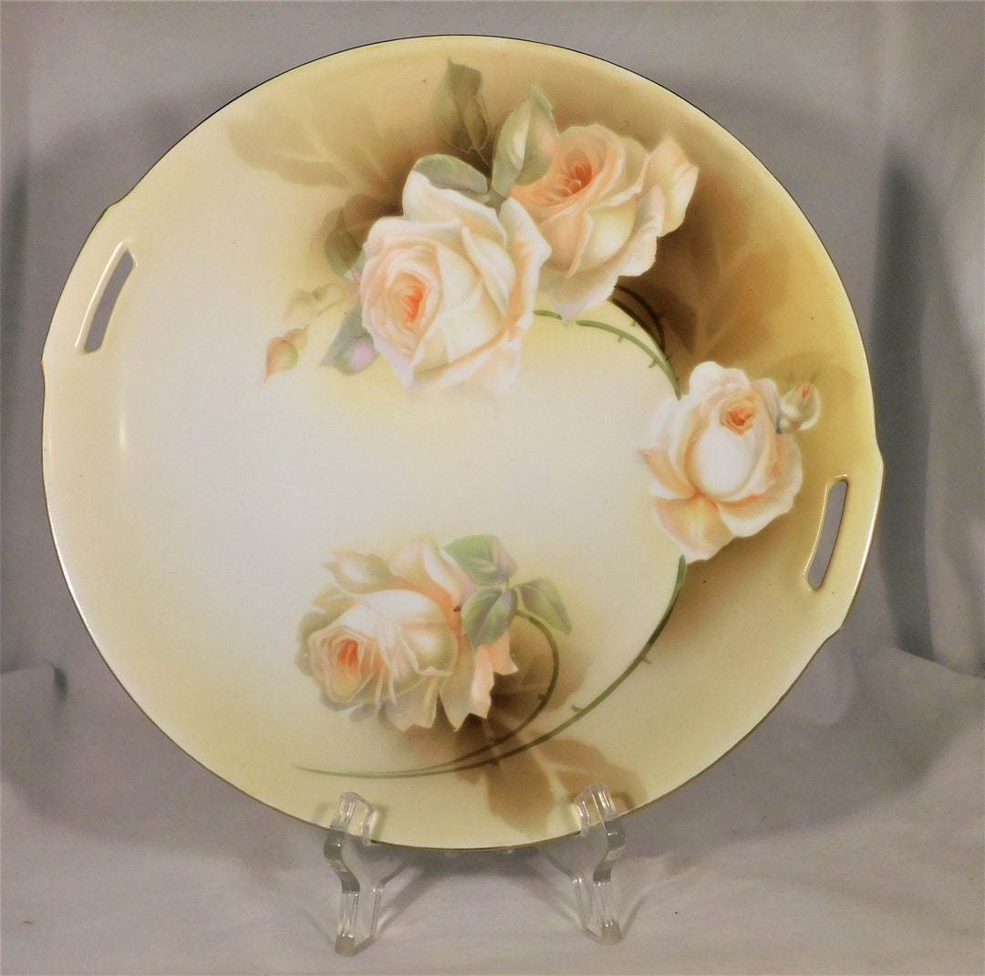 RS Germany Porcelain Cake Plate Round Handled Tray White & Yellow Roses ...