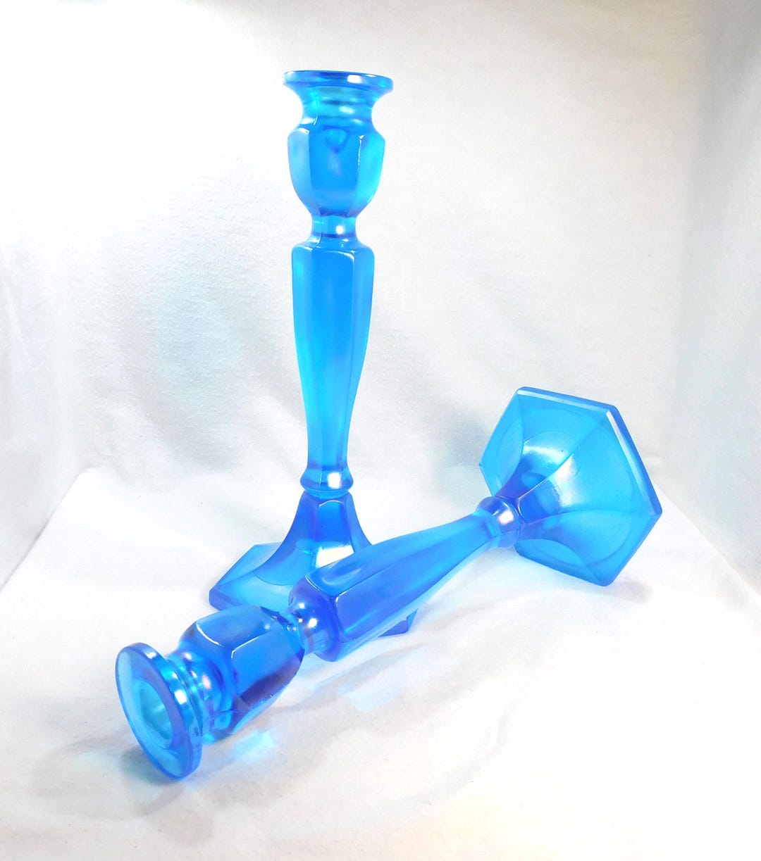 Antique Pair Fenton Iridescent Stretch Glass Candlesticks: 10.25" Tall ...