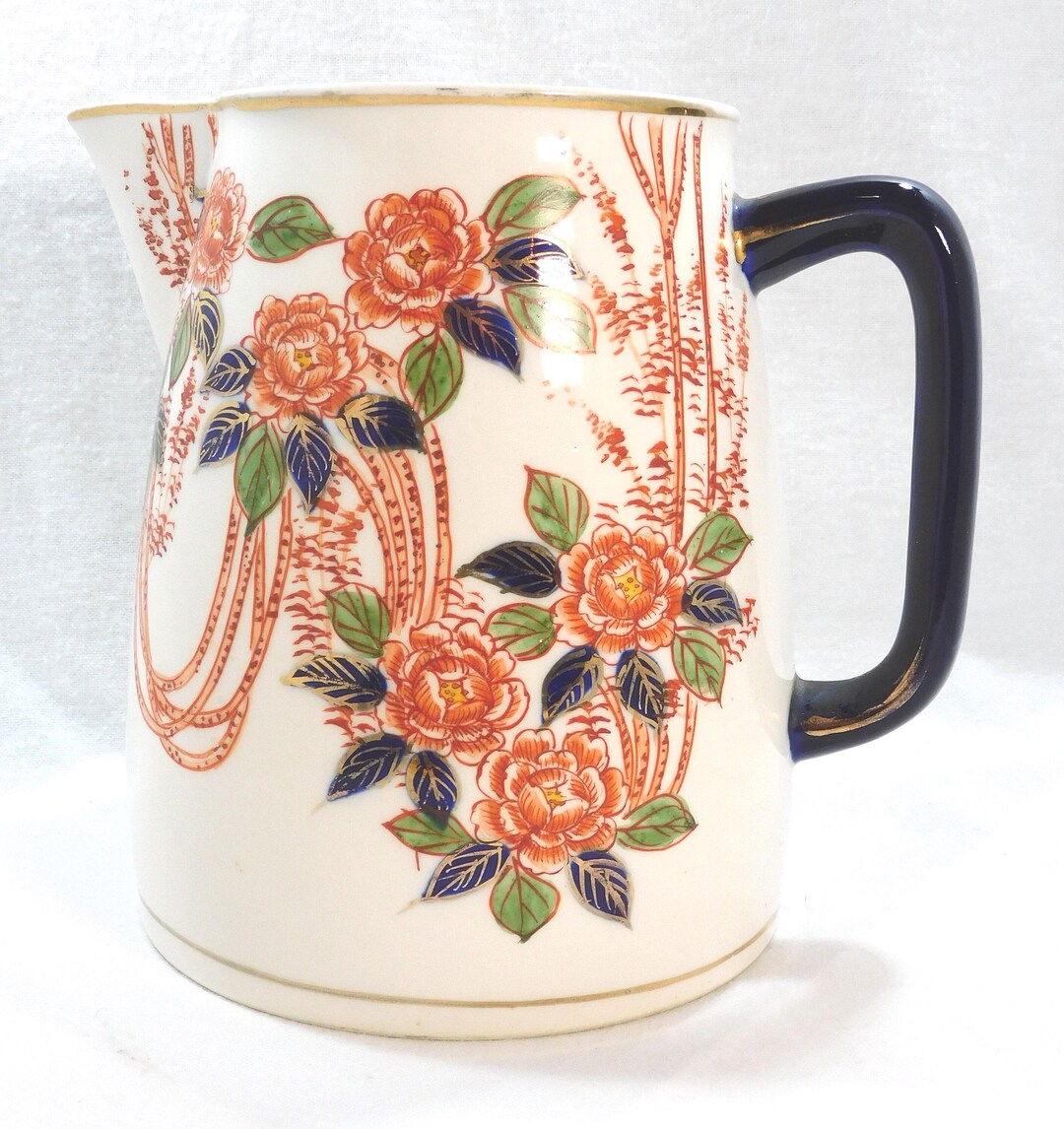 Vintage Japanese Floral 6" Ceramic Pitcher: Red Roses, Cobalt Handle ...