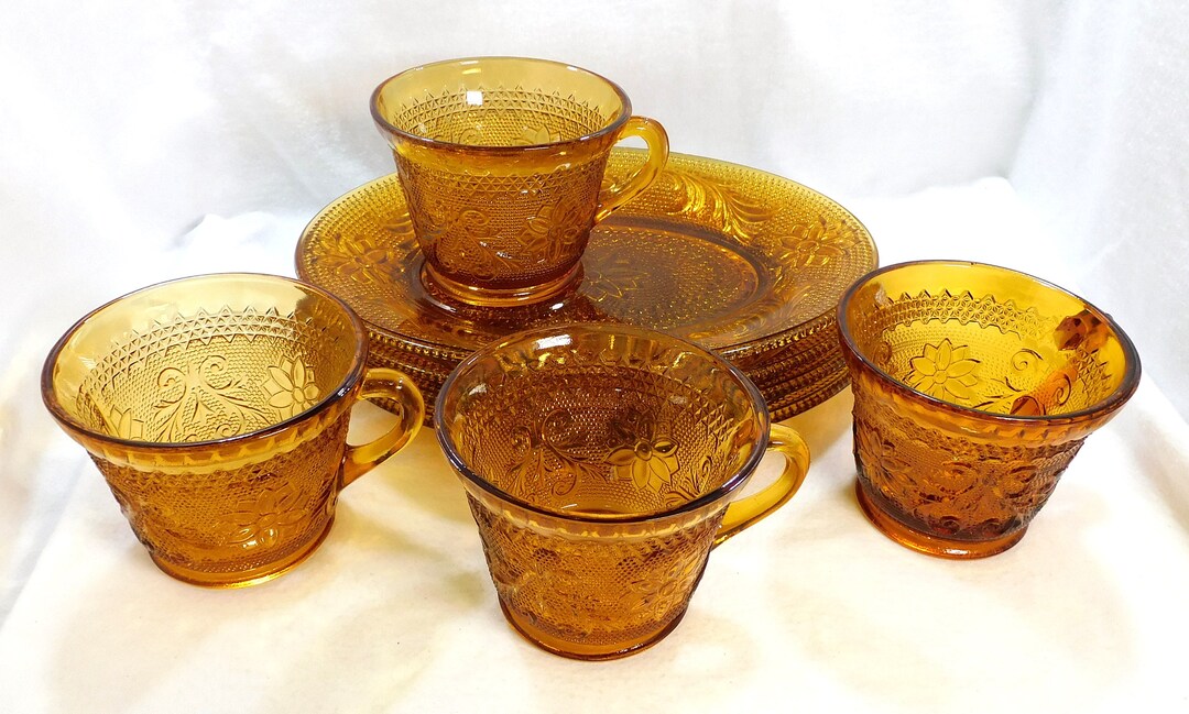 Indiana Tiara Set 4 Snack Trays & Cups Heavy Amber Glass Sandwich ...
