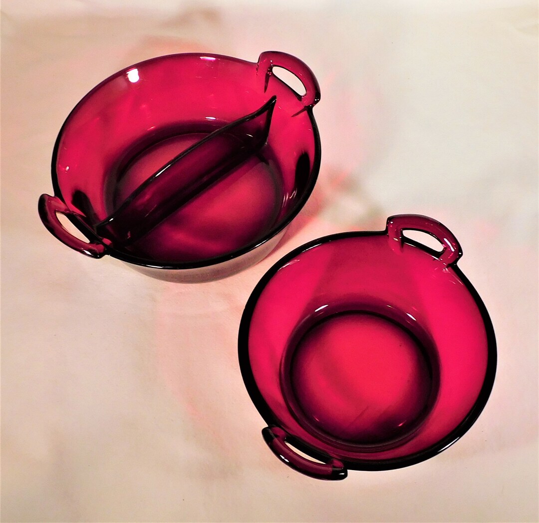 Vintage Pair MCM Ruby Red Glass Bowls Handled 1 Divided Smooth Tapered ...
