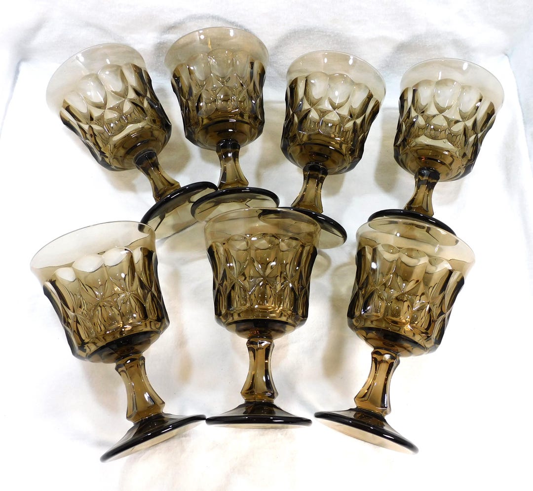 Vintage 70s Noritake Set 7 Wine Goblets Perspective Pattern Brown Glass ...