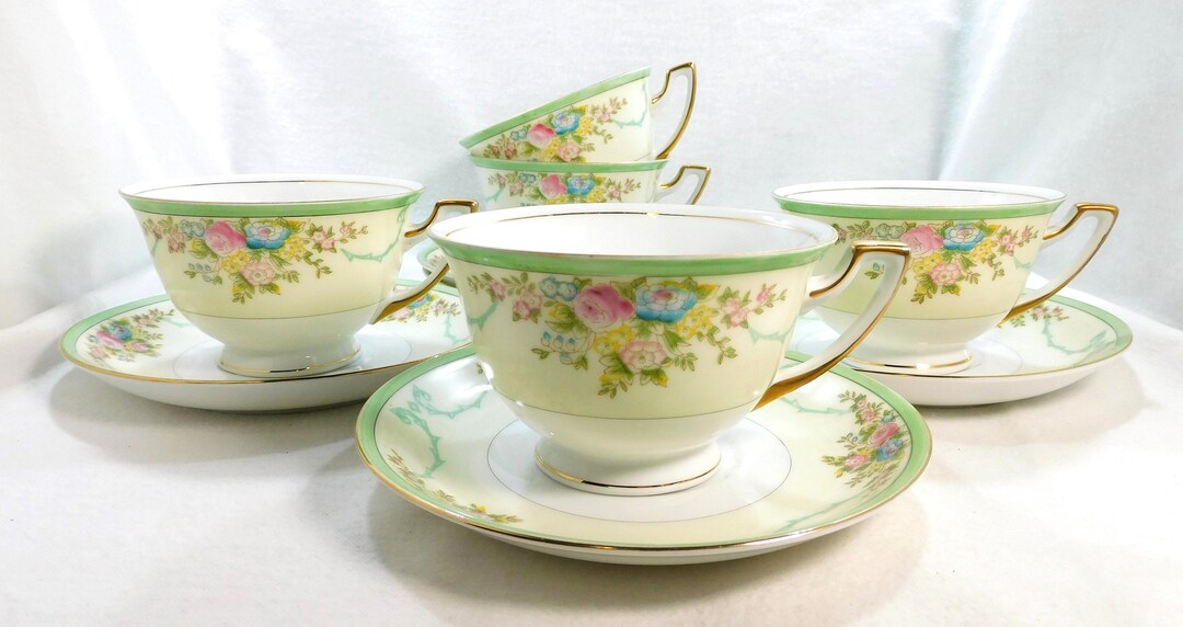 Vintage Set 5 Cups & 5 Saucers Meito Japan Porcelain Floral Garden ...