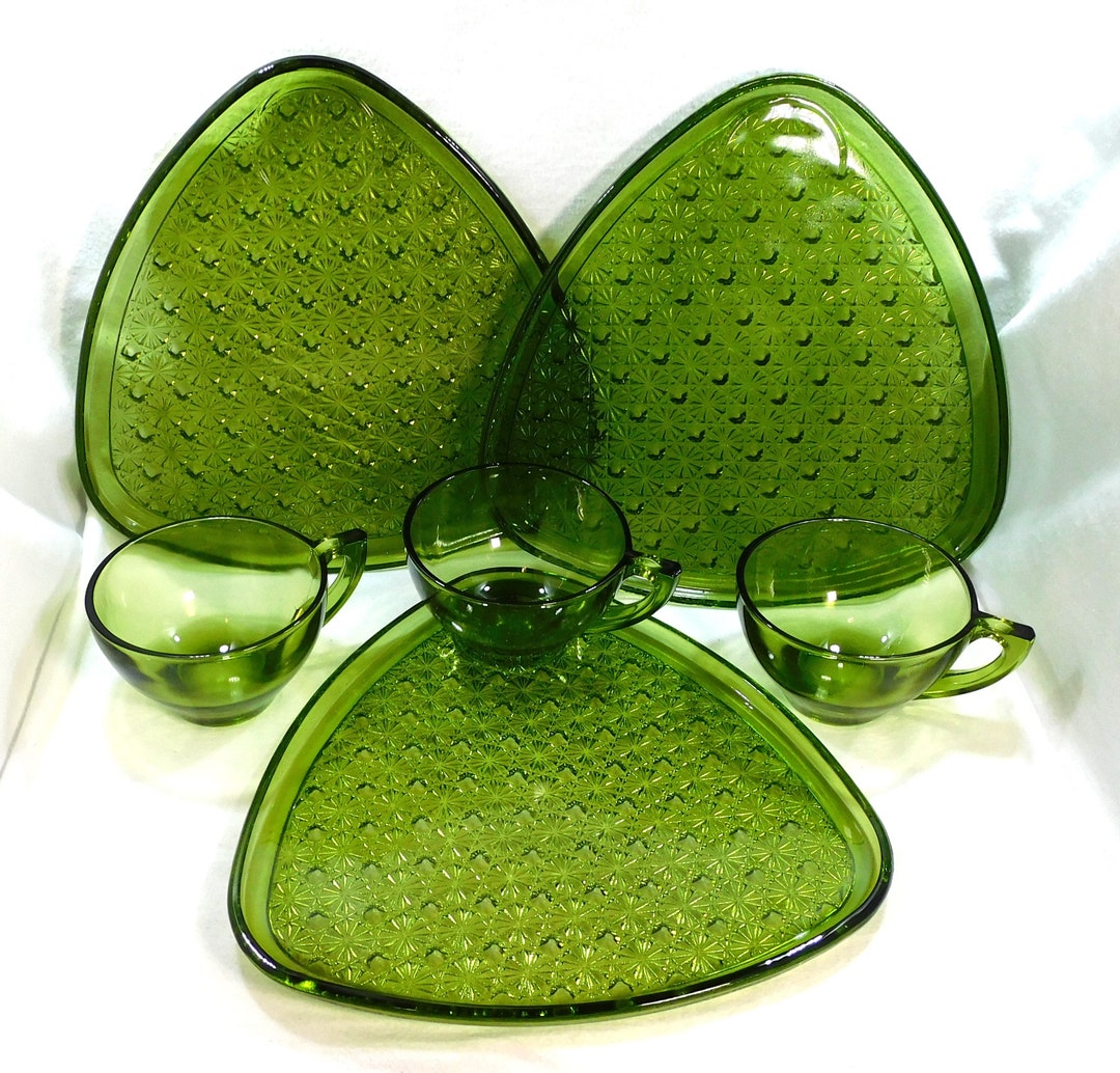 Vintage Lancaster Glass Set 3 Snack Trays With 3 Cups Heavy Green Glass ...