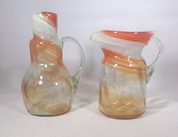 MCM Art Glass Pitchers Pair Small Red White Clear Glass Hand | Etsy