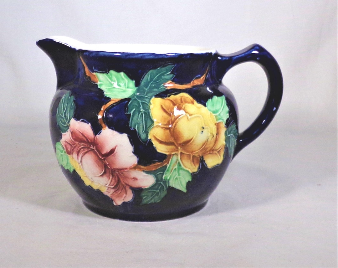English Porcelain Creamer Pitcher Cobalt Blue Yellow & Pink Peony ...