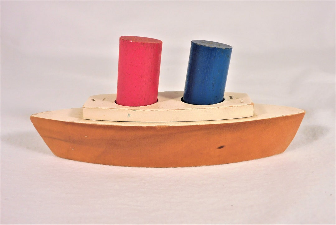 Ship Salt & Pepper Shakers Wooden Red Blue Stacks Brown Boat Original ...