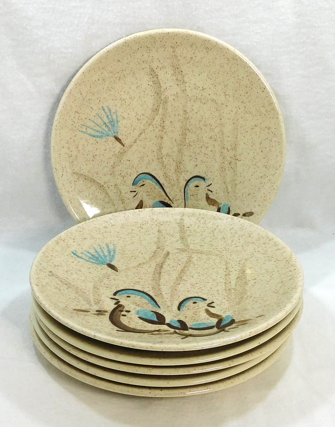 MCM Red Wing Pottery Set 6 or 5 Bob White Bread Dessert Plates Blue ...