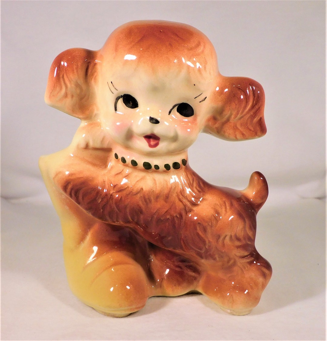 Dog Vase Planter Happy Puppy Pottery Ceramic Brown Shiny Glaze Crazed 5 ...