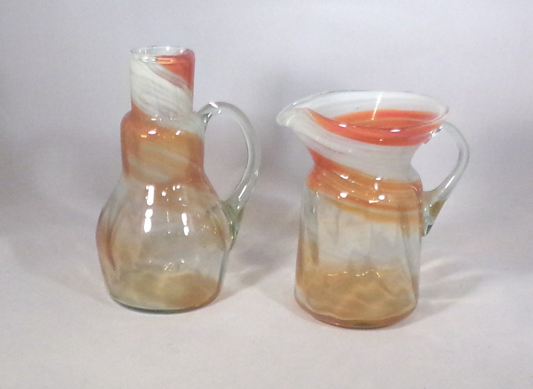 MCM Art Glass Pitchers Pair Small Red White Clear Glass Hand - Etsy