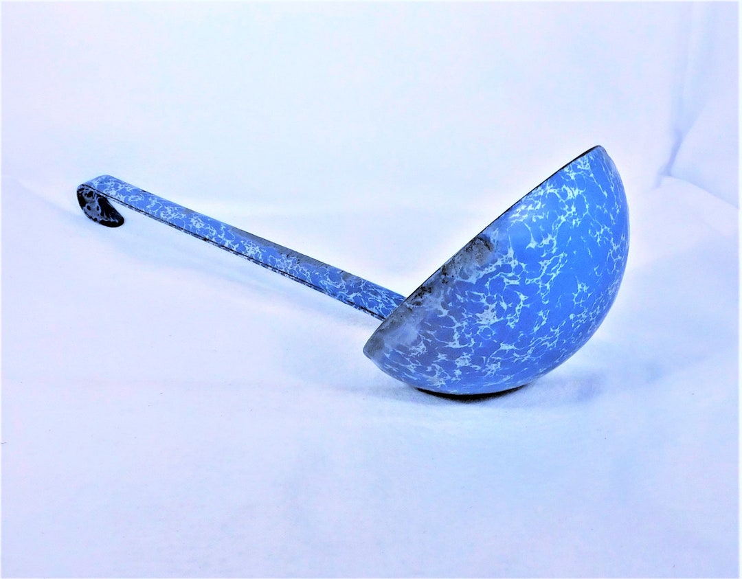 Antique Graniteware Ladle Blue & White Spatter Enamelware Round Bowl ...