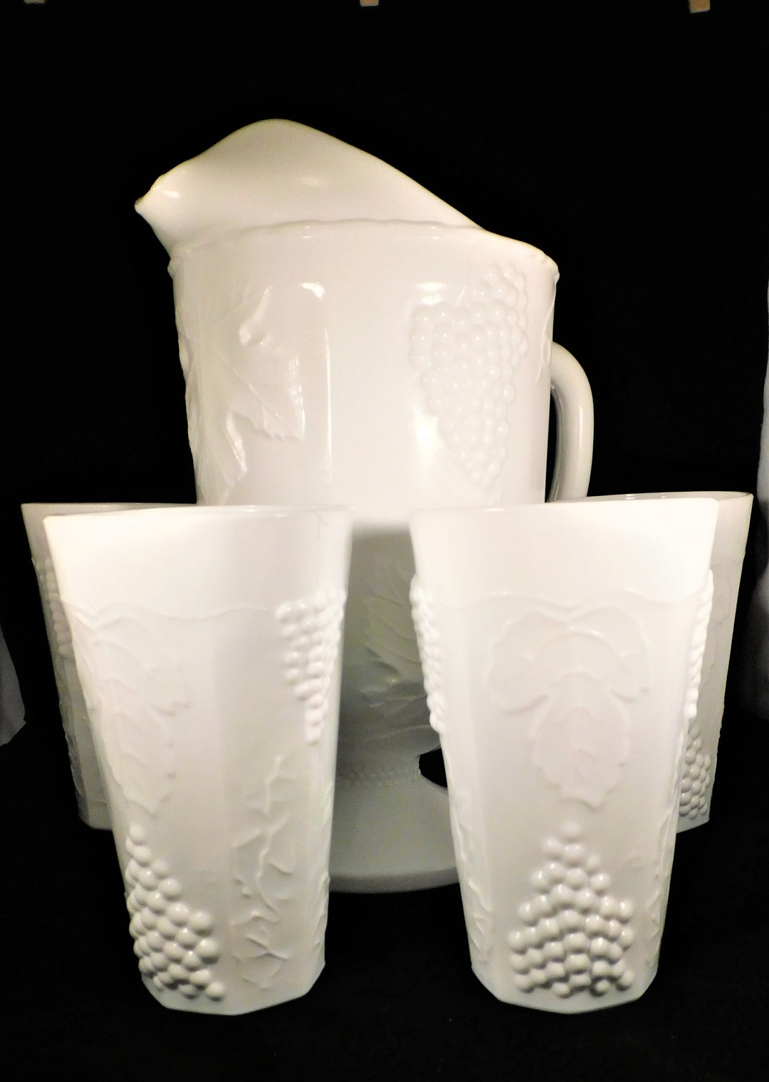 Colony Glass Set Pitcher & 4 Tumblers Harvest Pattern Heavy White Milk ...
