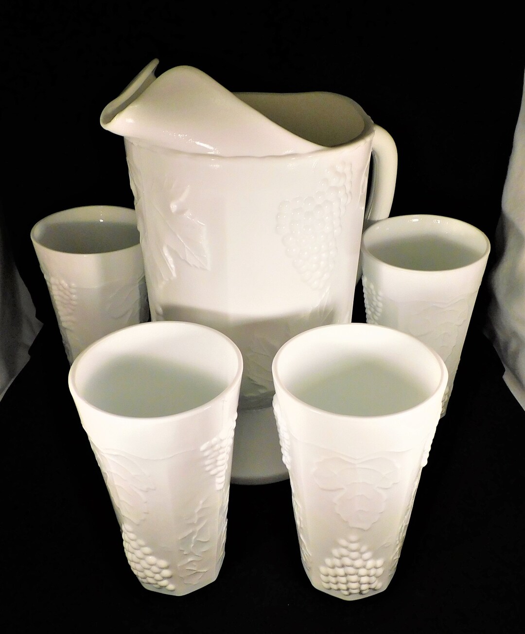 Colony Glass Set Pitcher & 4 Tumblers Harvest Pattern Heavy White Milk ...
