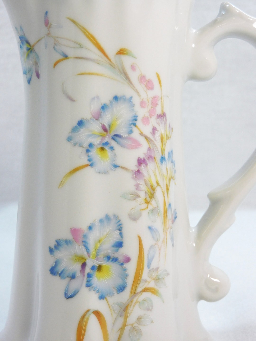 Tall Cream Syrup Pitcher Porcelain Hand Painted Blue Flowers Brown ...
