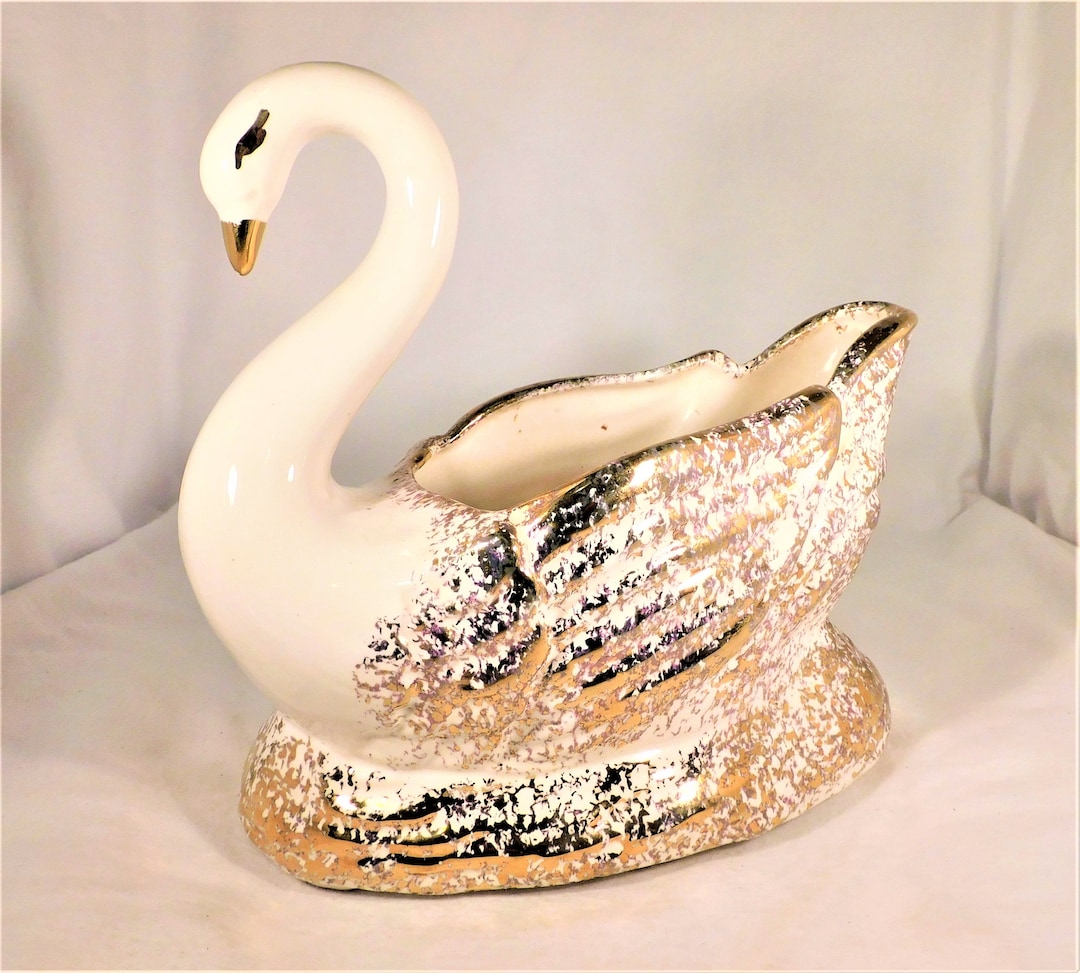 Vintage Swan Vase Planter Ceramic Pottery 2 Small Swans on Side Gold ...