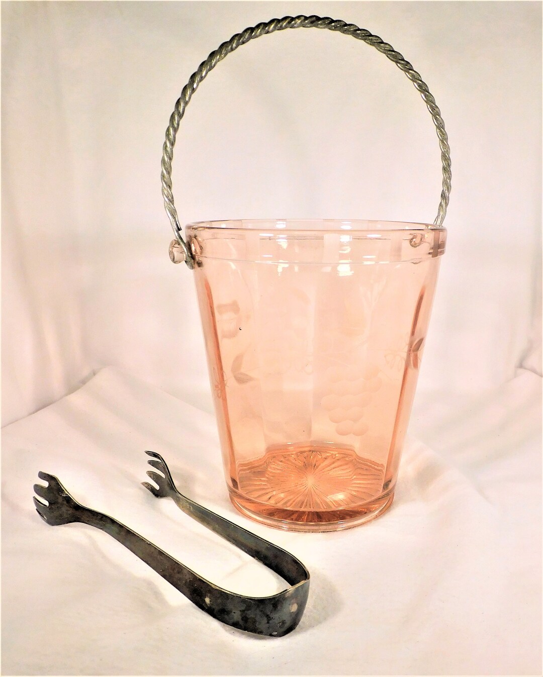 Depression Pink Glass Ice Bucket & Twisted Wire Handle With Tongs Cut ...