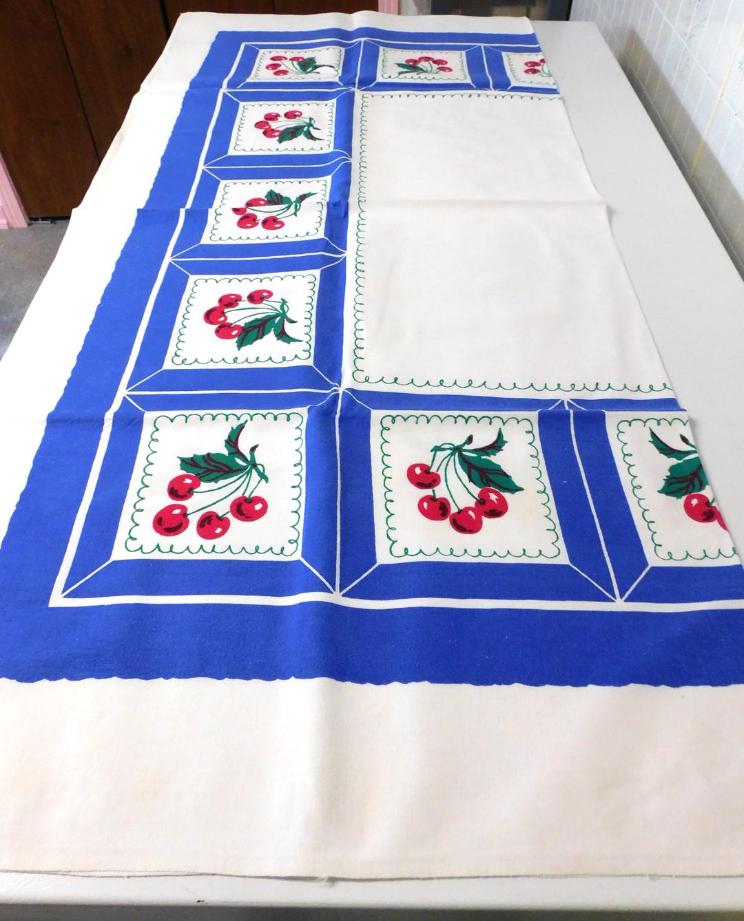Vintage MCM Startex Labeled Tablecloth Blue Border & Blocks Red ...