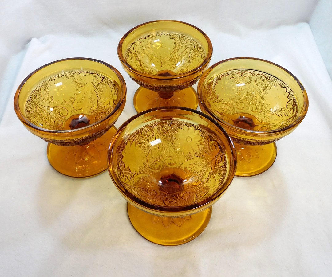 Tiara Set of 4 Low Sherbets Champagnes Amber Glass Sandwich Pattern 3 ...