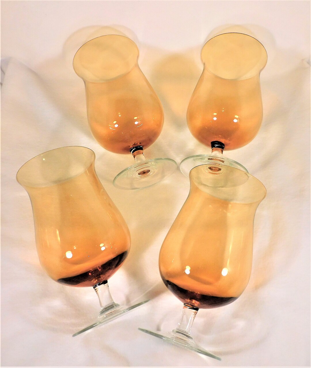 Set 4 Dark Yellow Glass Goblets Hand Blown Tulip Bowl Clear Stems 6 ...