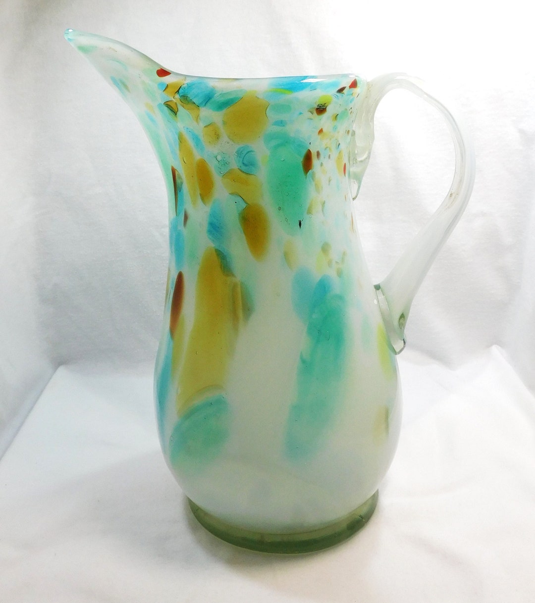 Vintage MCM Art Glass Pitcher: Spattered Blue, Yellow, Orange, 10.5" - Etsy