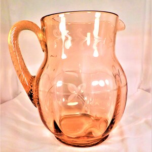 Vintage Depression Era Water Pitcher Peachy Pink Glass Hand Applied ...