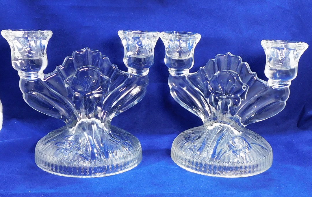 Jeannette 2 Double Light Candle Holders Clear Glass Iris & Herringbone ...