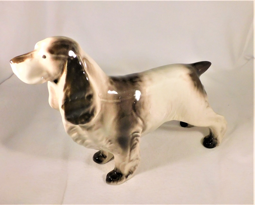 Porcelain Dog Figurine Cocker Spaniel Large Standing Black White Shiny ...