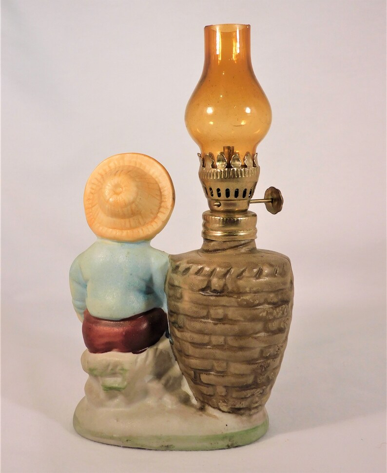 Miniature Oil Lamp Little Boy Sitting Near Basket Ceramic - Etsy