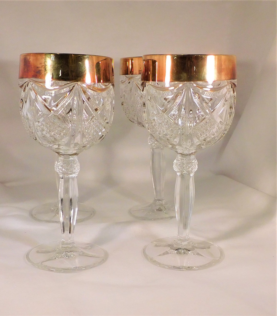 Goblets Set 4 Water Wide Gold Rimmed Banded Edged Diamond V - Etsy
