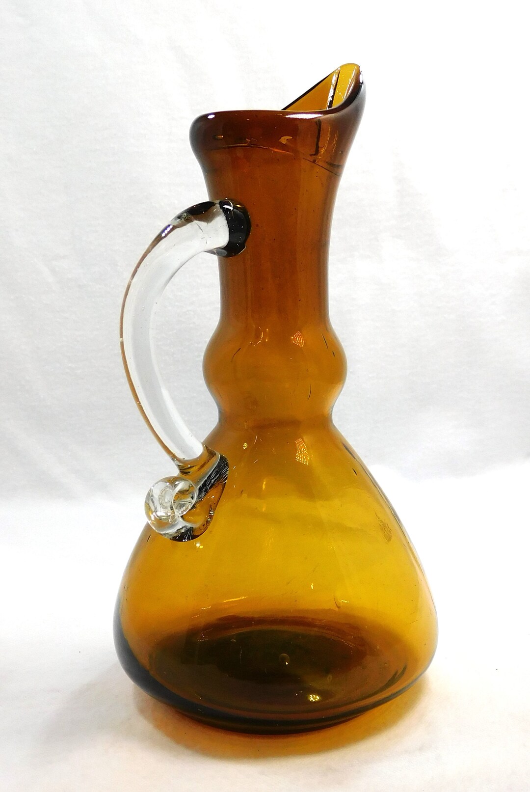 Art Glass Pitcher Brown Hand Blown Clear Applied Handle Pontil Base 6.5 ...