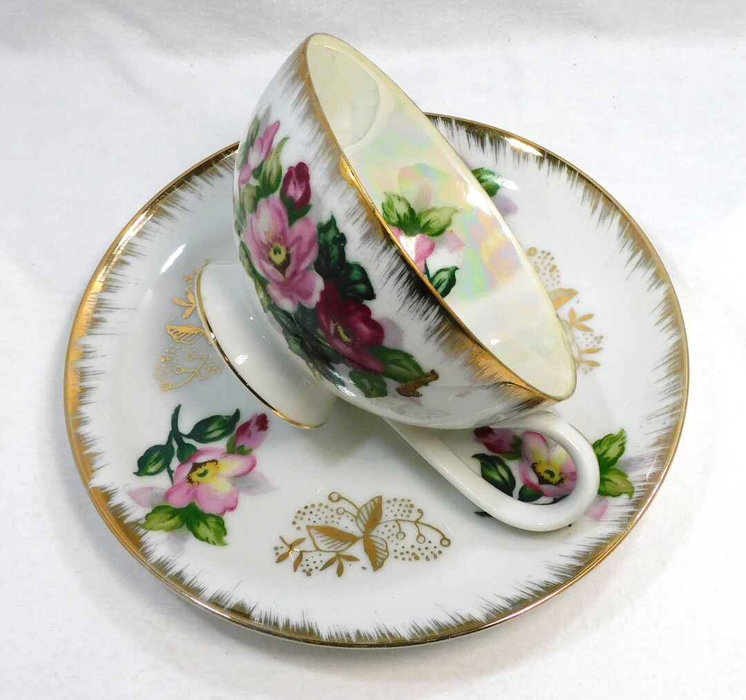 Vintage Wild Rose Tea Cup and Saucer: Opalized Interior, Gold Trim ...