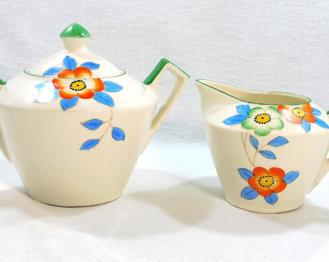 Vintage Art Deco Creamer & Sugar Set Japanese Ceramic White Background ...