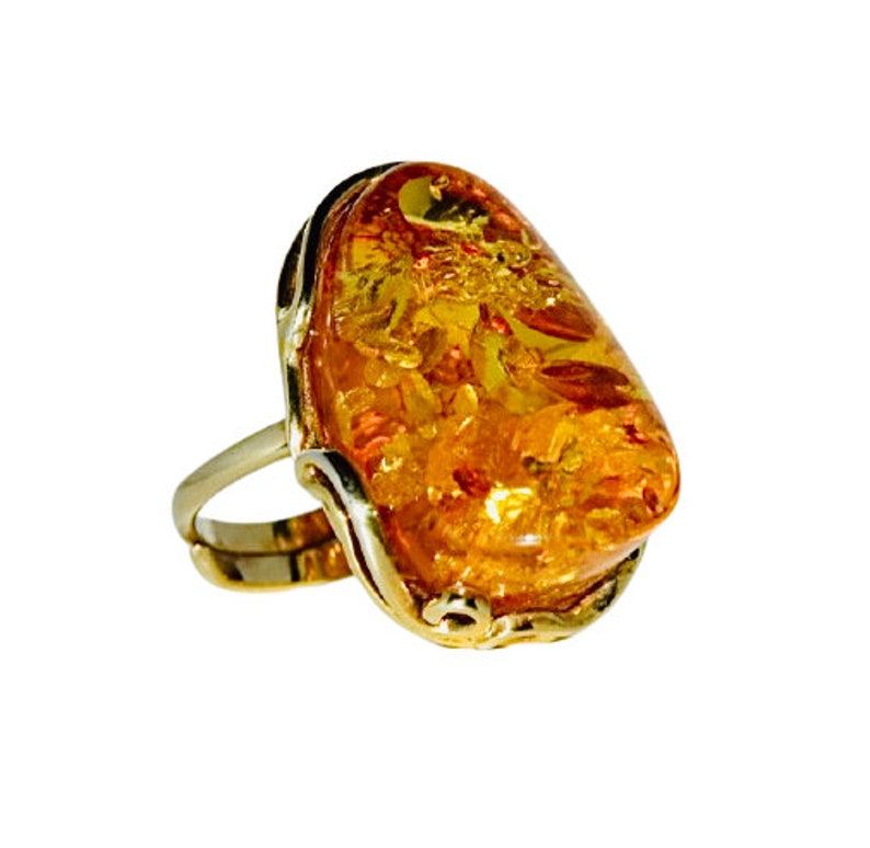 Large Cognac Baltic Amber Ring, 14k Gold Sterling Silver, Adjustable ...