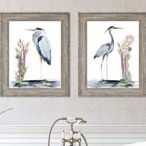 Great Blue Heron Watercolor Art Prints, Set of 2 Heron Birds, Coastal ...