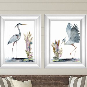 Great Blue Heron Watercolor Art Prints, Set of 2 Heron Birds, Coastal ...