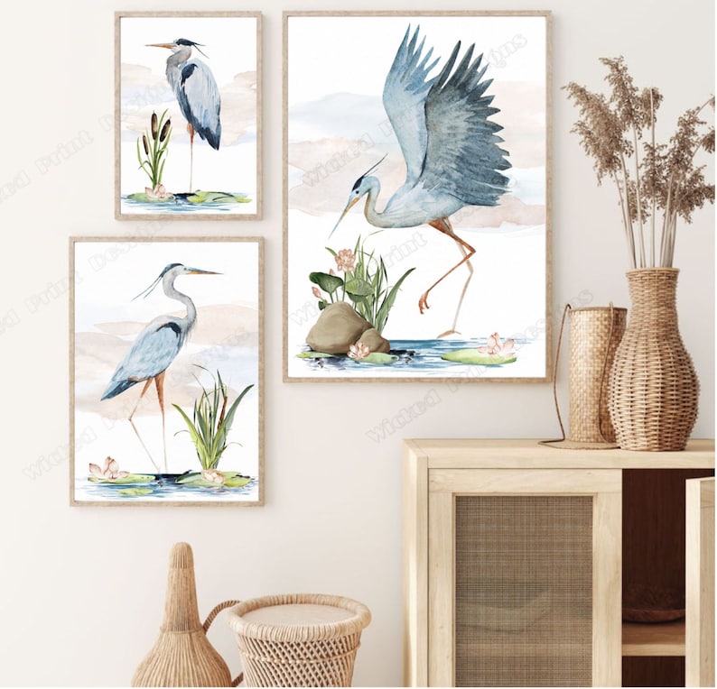 Great Blue Heron Watercolor Art Prints, Set of 3 Heron Birds, Coastal ...