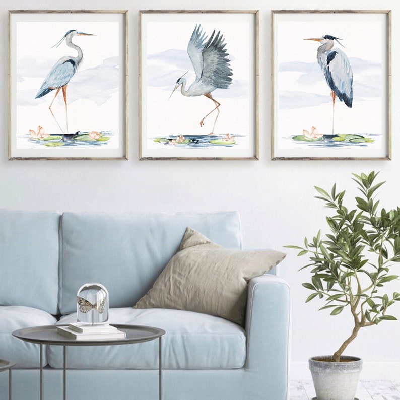 Great Blue Heron Watercolor Art Prints, Set of 3 Heron Birds, Coastal ...