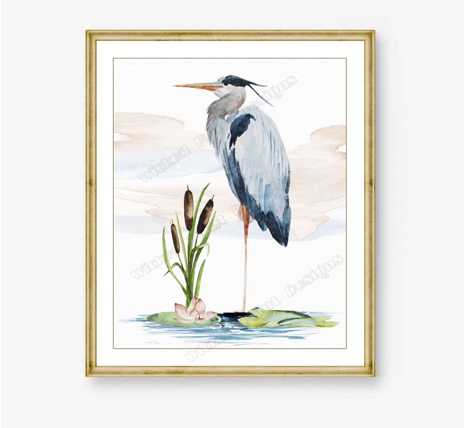 Great Blue Heron Watercolor Art Prints, Set of 3 Heron Birds, Coastal ...