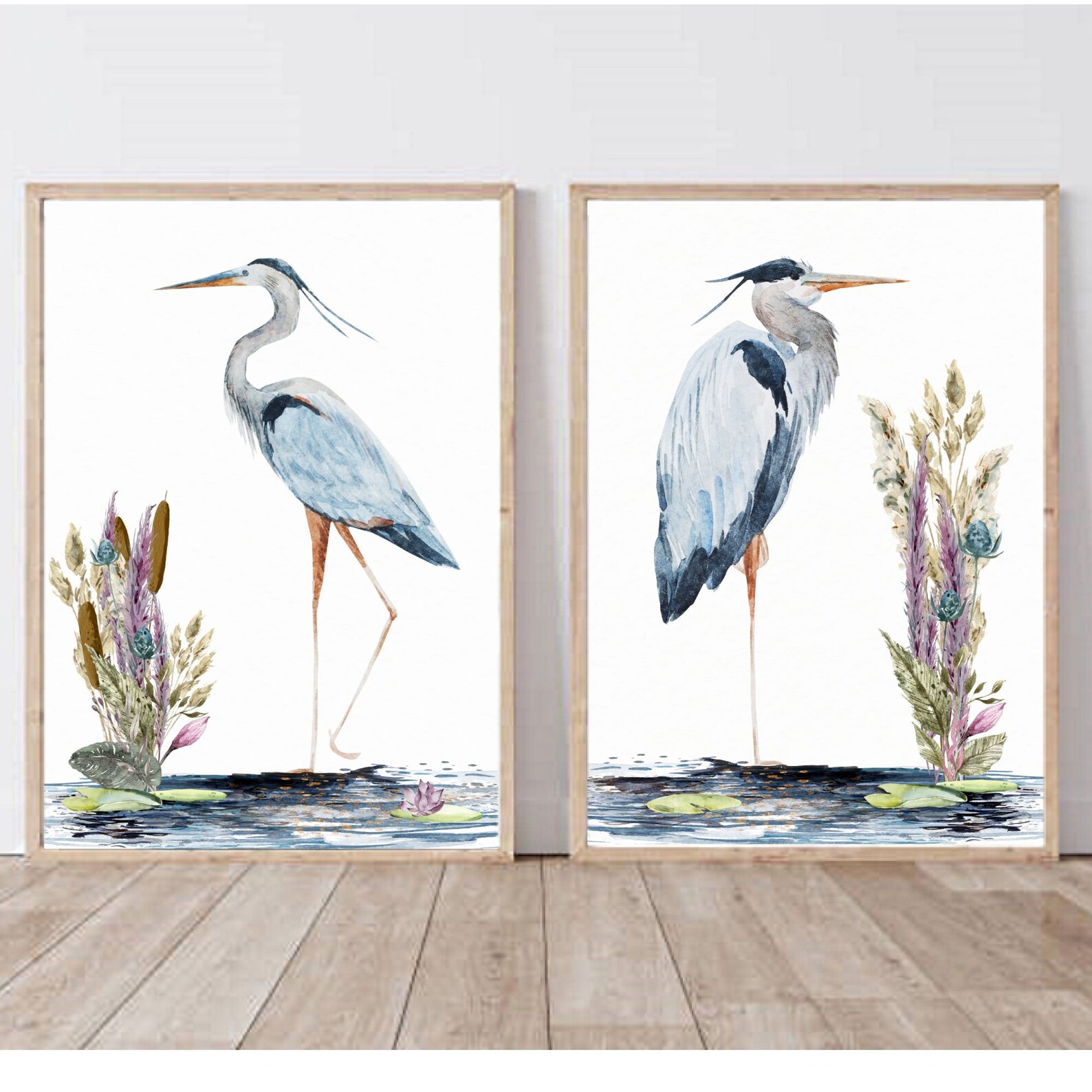 Great Blue Heron Watercolor Art Prints, Set of 2 Heron Birds, Coastal ...