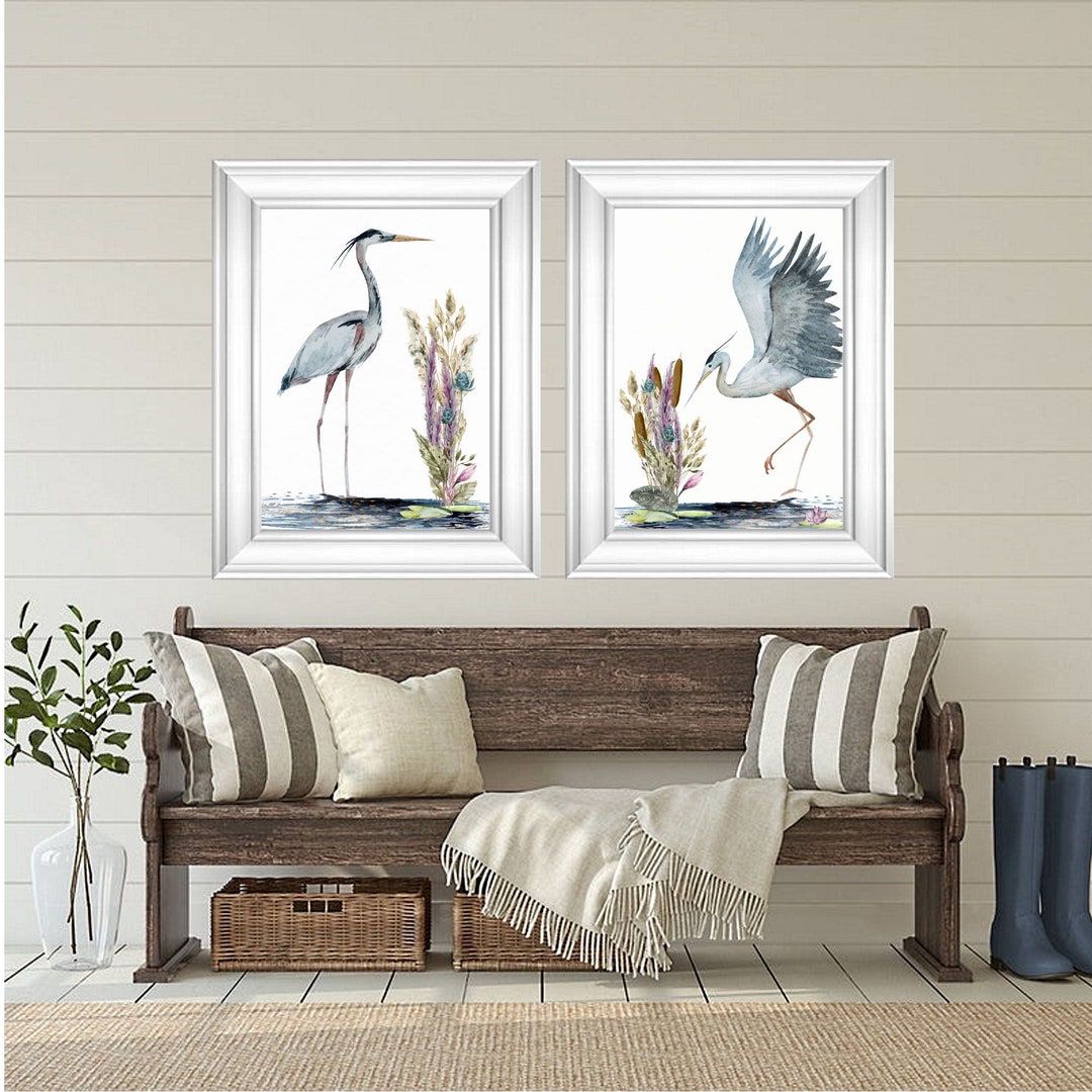 Great Blue Heron Watercolor Art Prints, Set of 2 Heron Birds, Coastal ...