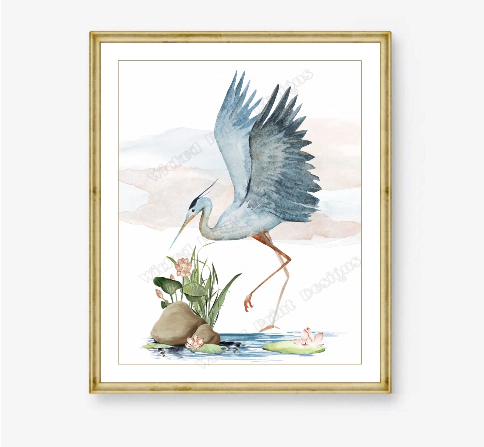 Great Blue Heron Watercolor Art Prints, Set of 3 Heron Birds, Coastal ...