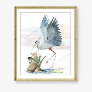 Great Blue Heron Watercolor Art Prints, Set of 3 Heron Birds, Coastal ...