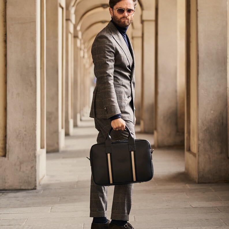 Black Leather Briefcase Bag for Men With Long Strap - Etsy