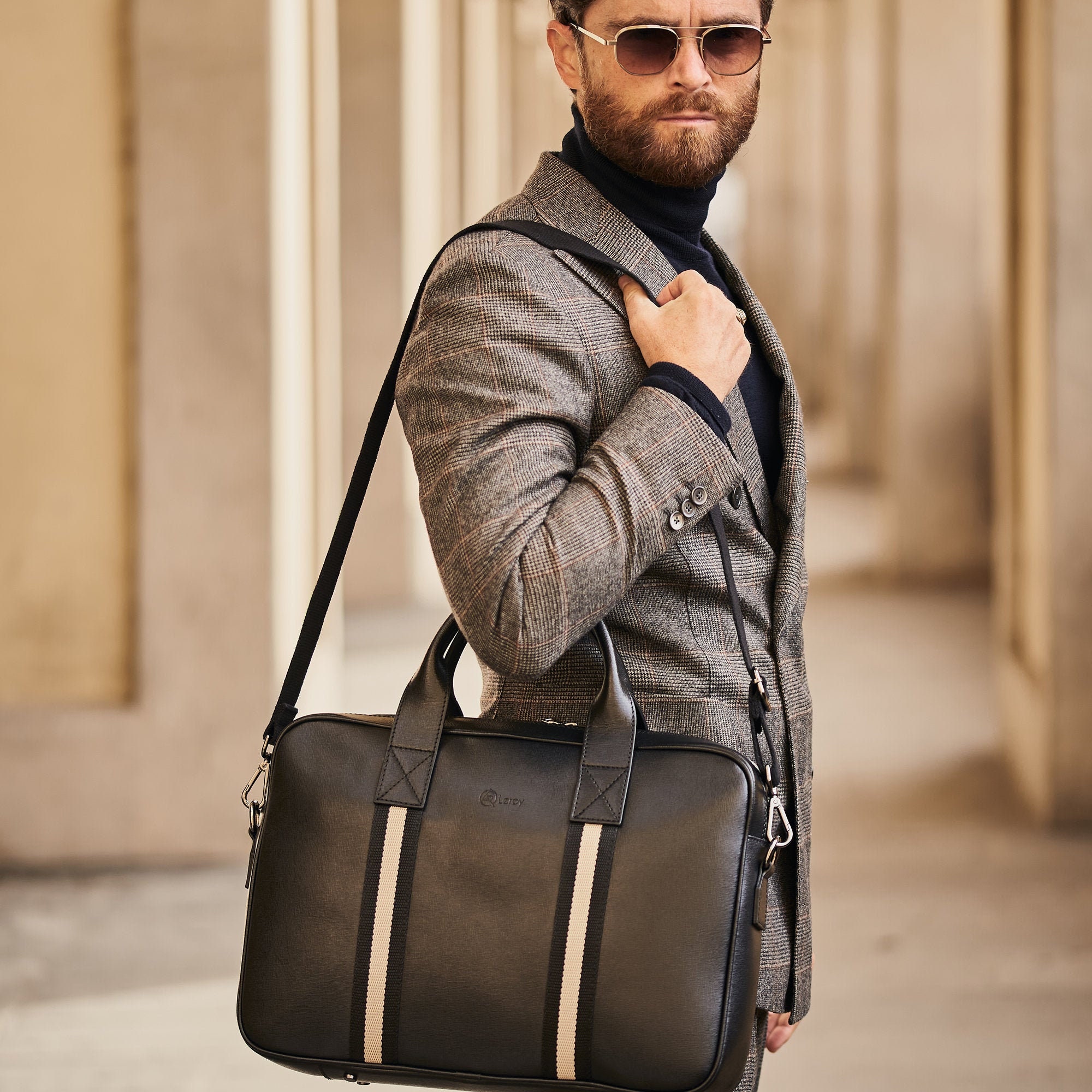 Italian Leather Men's Black Long Strap Briefcase, College Graduate Gift ...