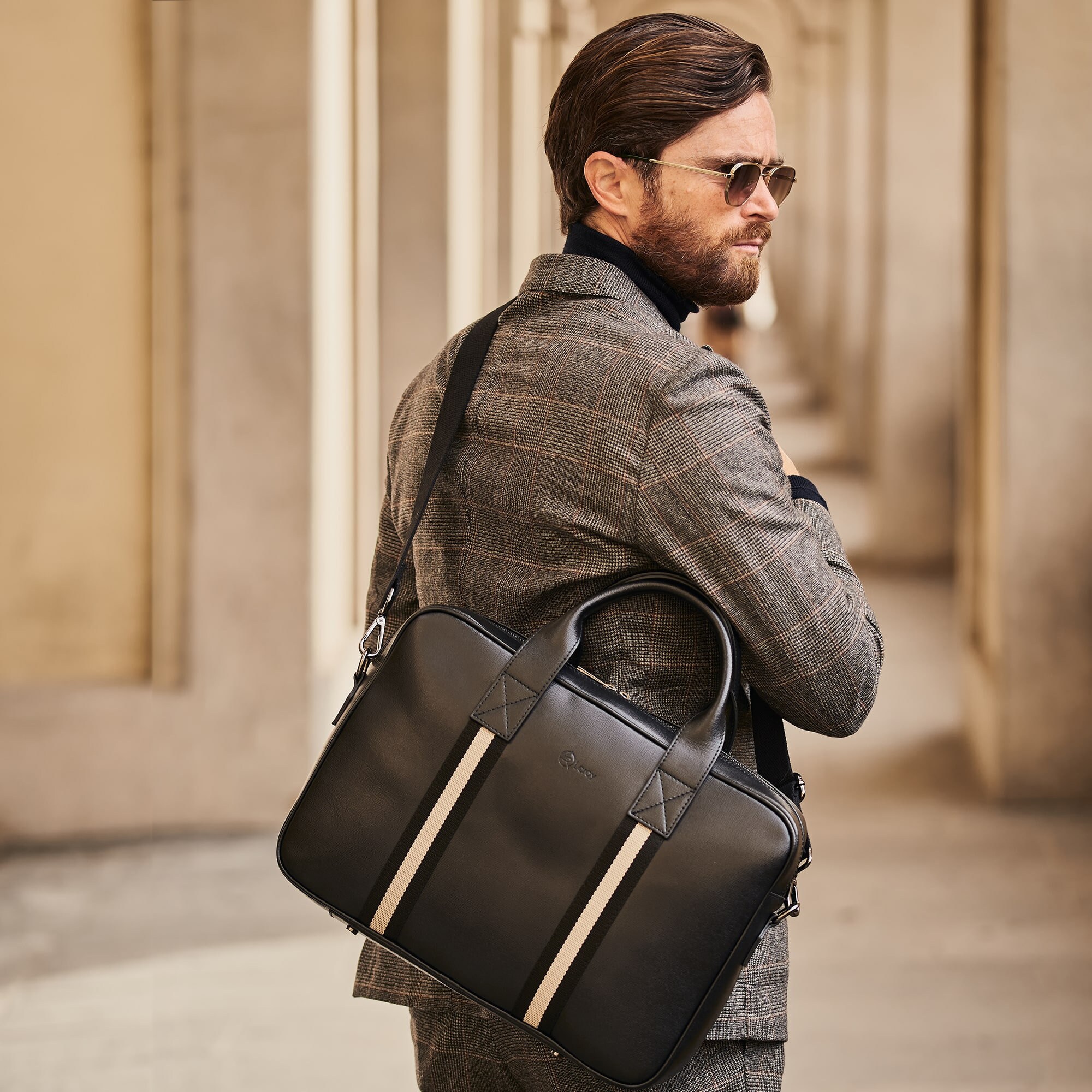 Italian Leather Men's Black Long Strap Briefcase, College Graduate Gift ...